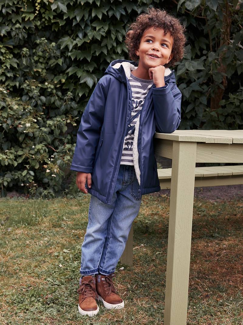 Regenjas met capuchon voor jongens en sherpa voering - nachtblauw, Jongens